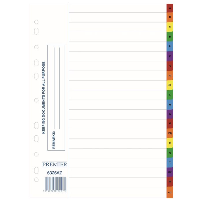 Paper Divider A4 Colours English A-Z PREMIER 6326
